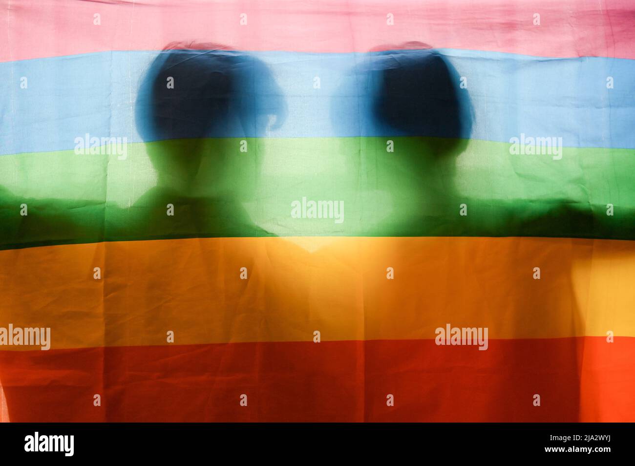 Rainbow flag background with a shadow of men behind. LGBT pride, gay ...