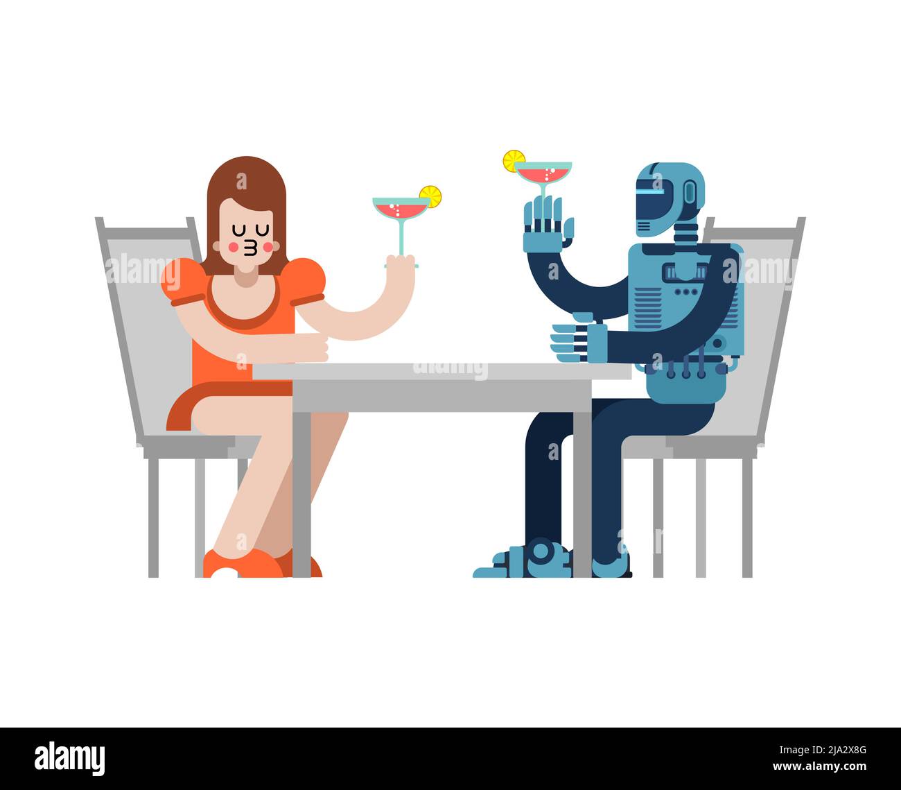 Lovers robot Sitting in restaurant. Loving couple cyborg and Girl ...