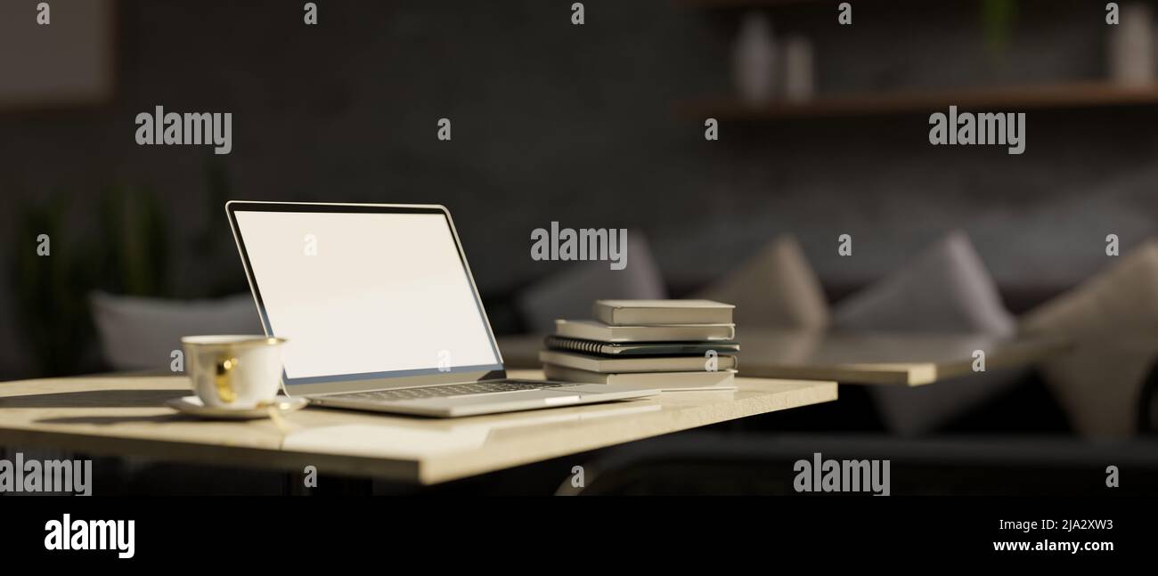 Modern coffee shop or restaurant seating space with portable notebook ...