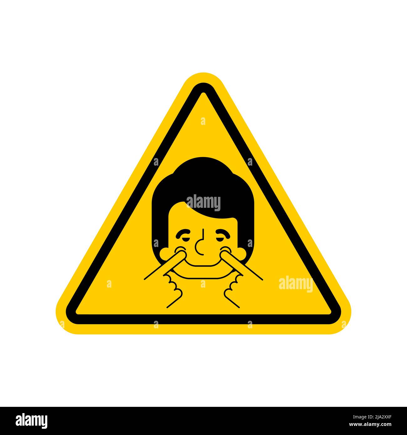 Attention Fake smile. Caution counterfeit joy. Warning yellow road sign ...