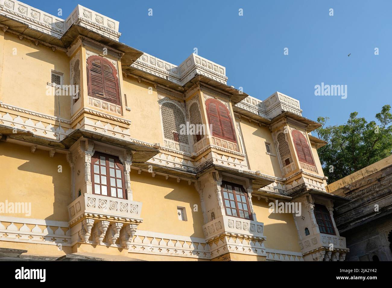 Detail of architecture, decorated facade in Udaipur, Rajasthan, India ...
