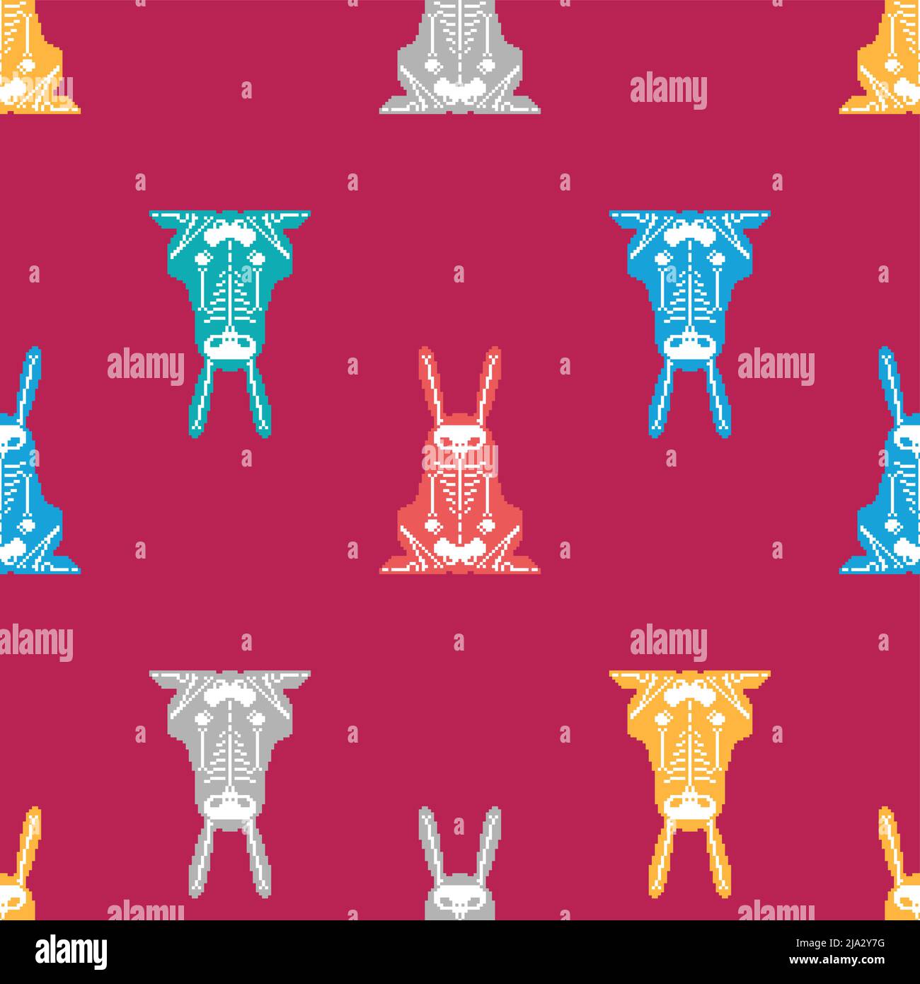 Skeleton Rabbit pixel art pattern seamless. 8 bit Skull hare background ...
