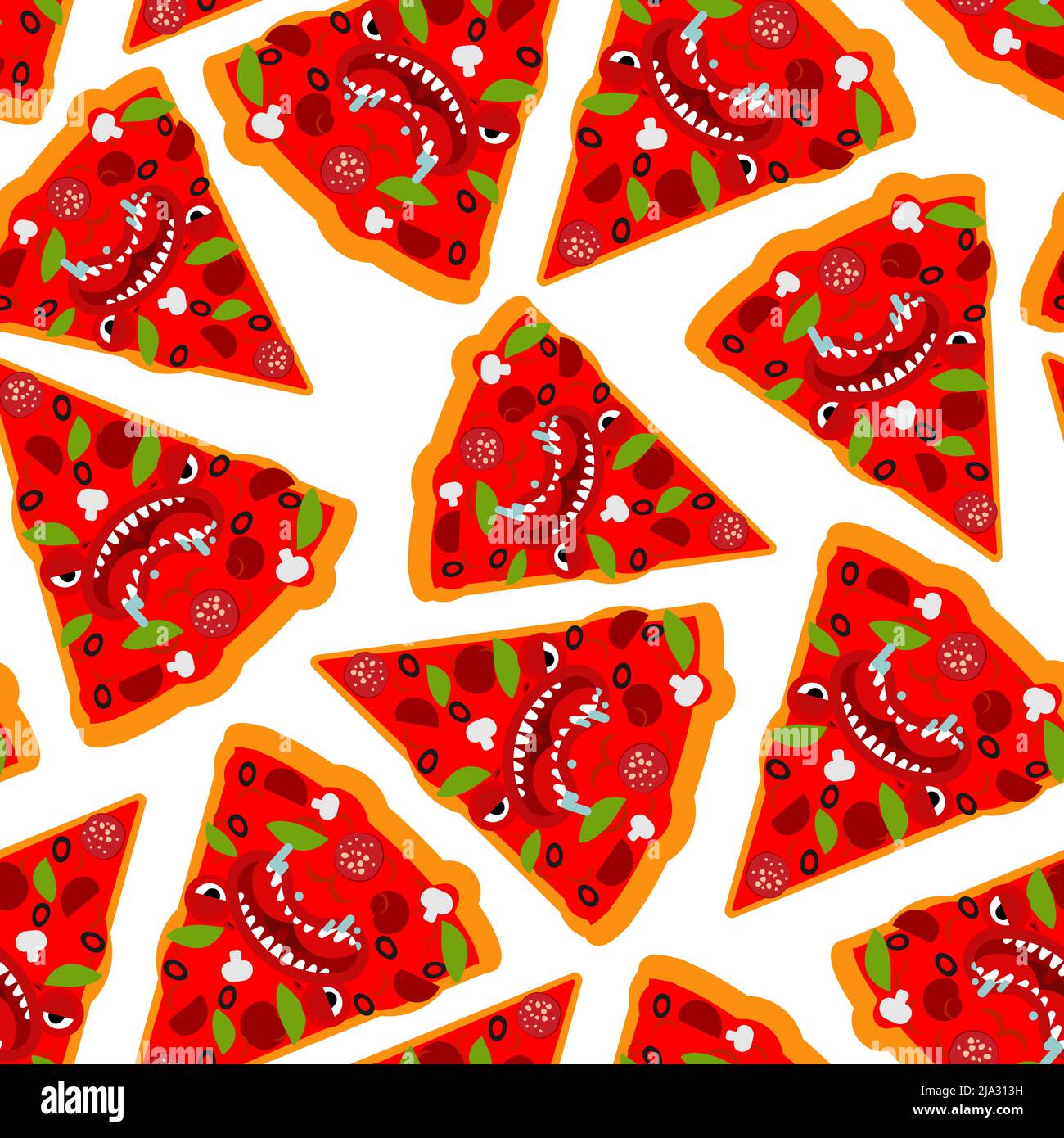 Pizza monster pattern seamless. Terrible fast food background. Angry ...