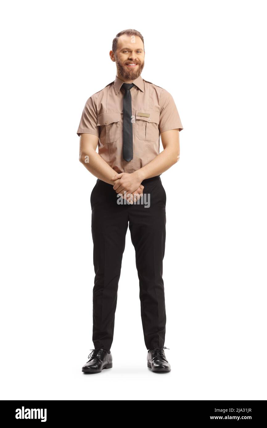 Full length portrait of a security officer posing and smiling isolated ...