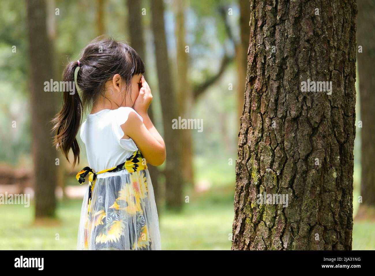 Smiling little girl covering her eyes with both hands, playing hide and ...
