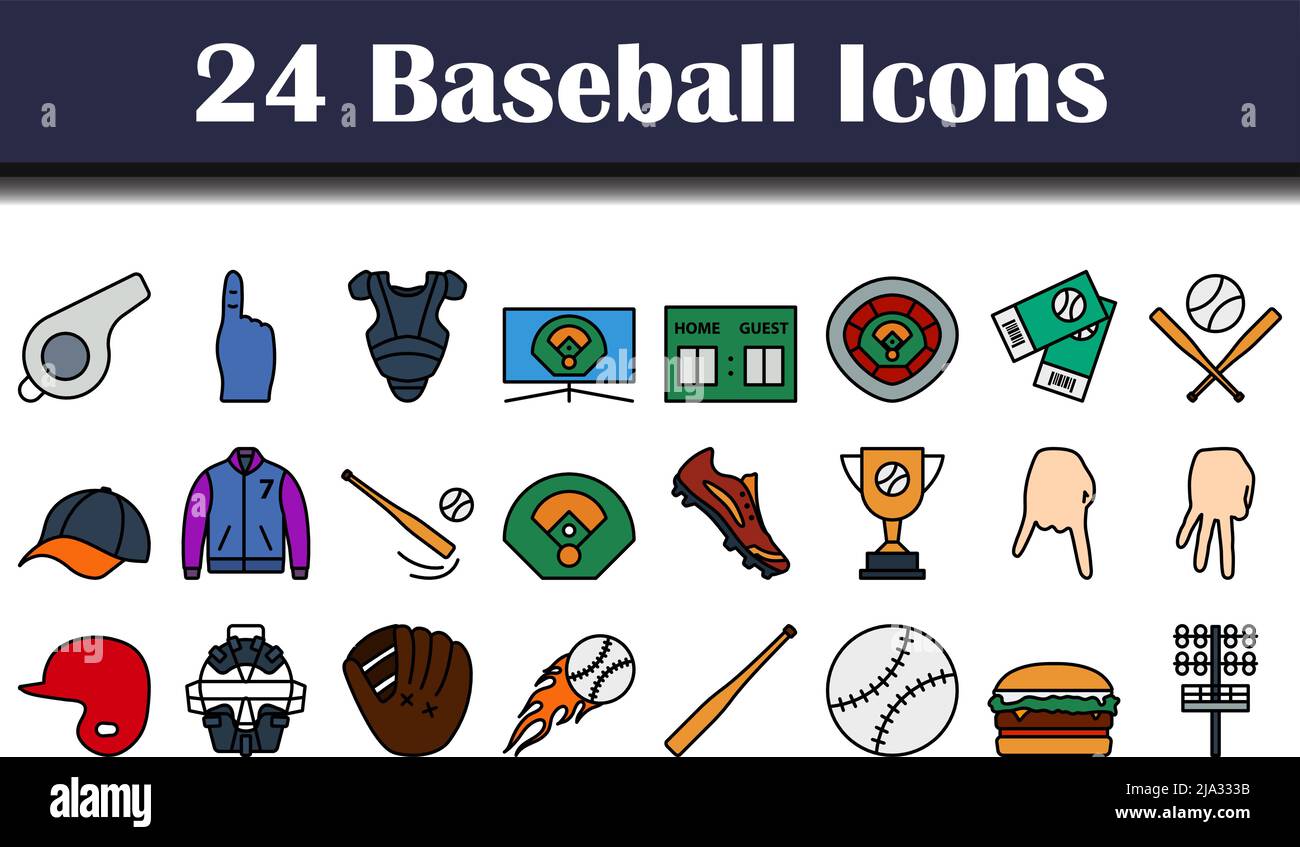 Baseball Icon Set. Editable Bold Outline With Color Fill Design. Vector ...