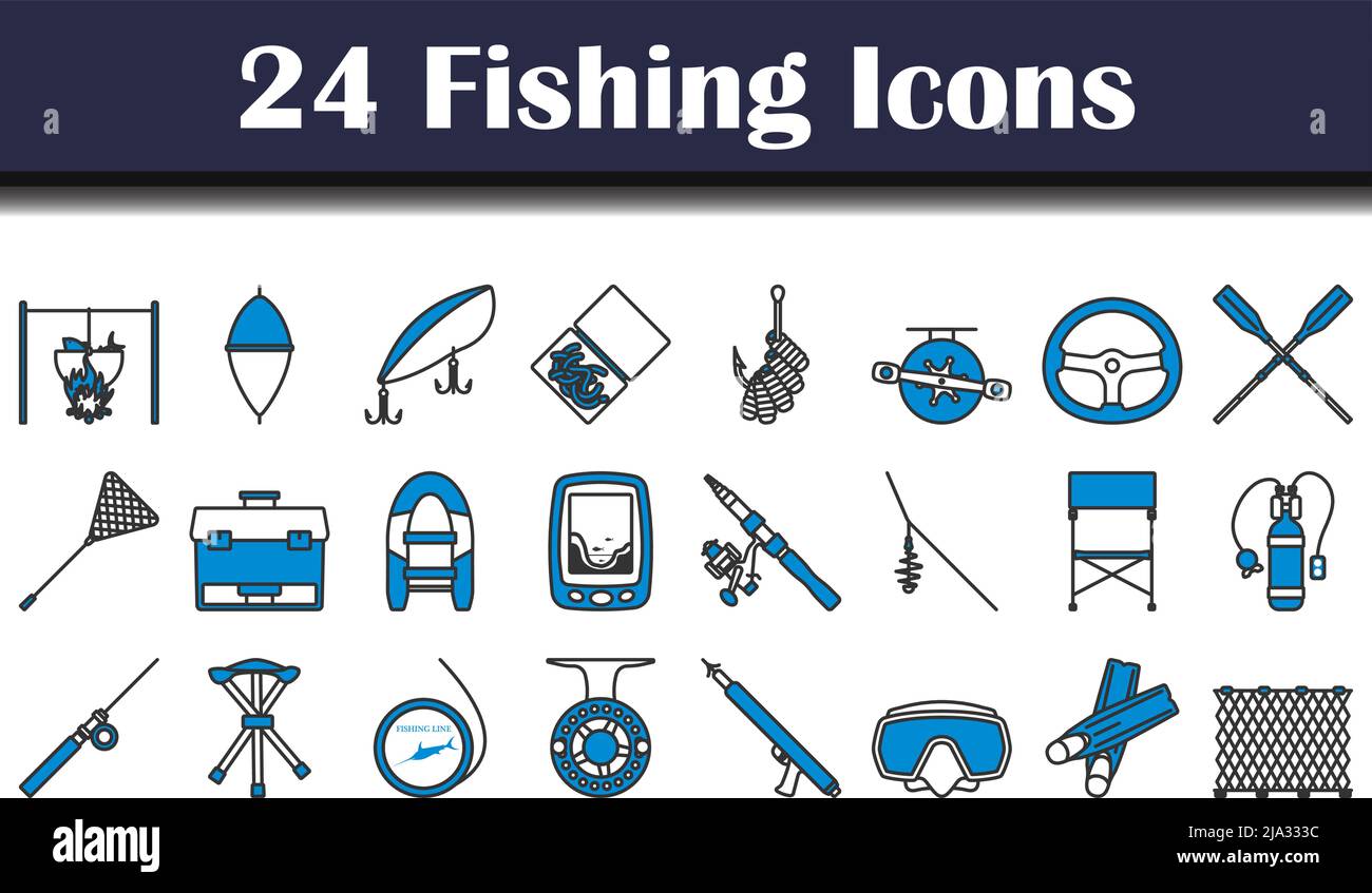 Fishing Icon Set. Editable Bold Outline With Color Fill Design. Vector ...