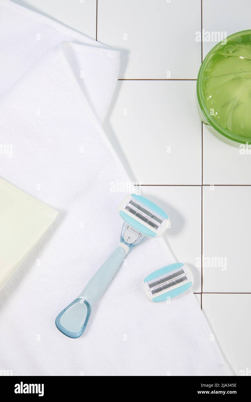 waxing products, razor and skin soothing products Stock Photo - Alamy