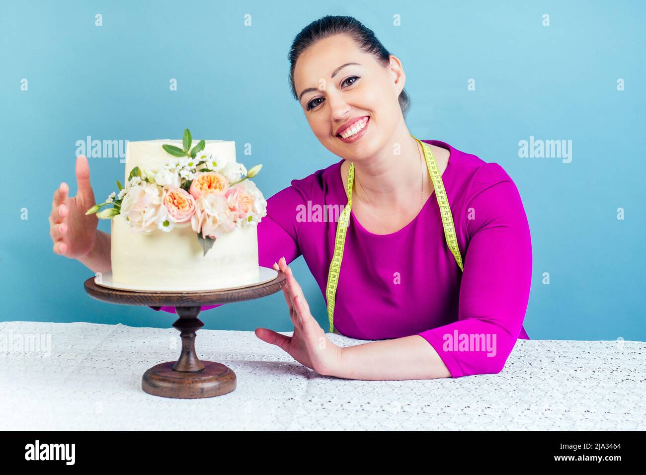 hungry and funny housewife confectioner fat woman hugs appetite a high ...