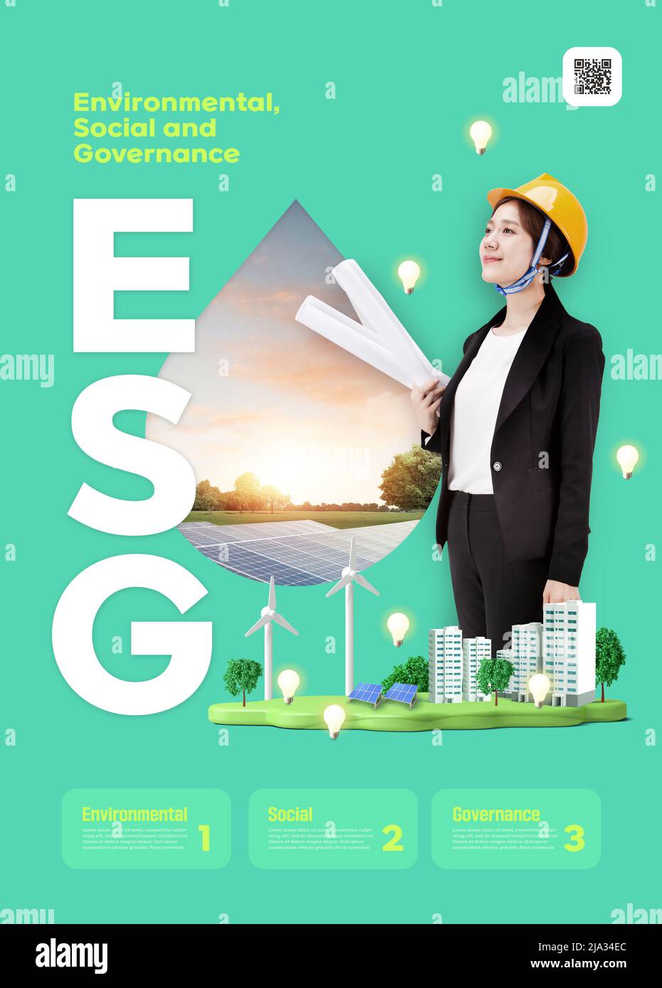 ESG promotion poster : Asian Korean woman in eco friendly building ...