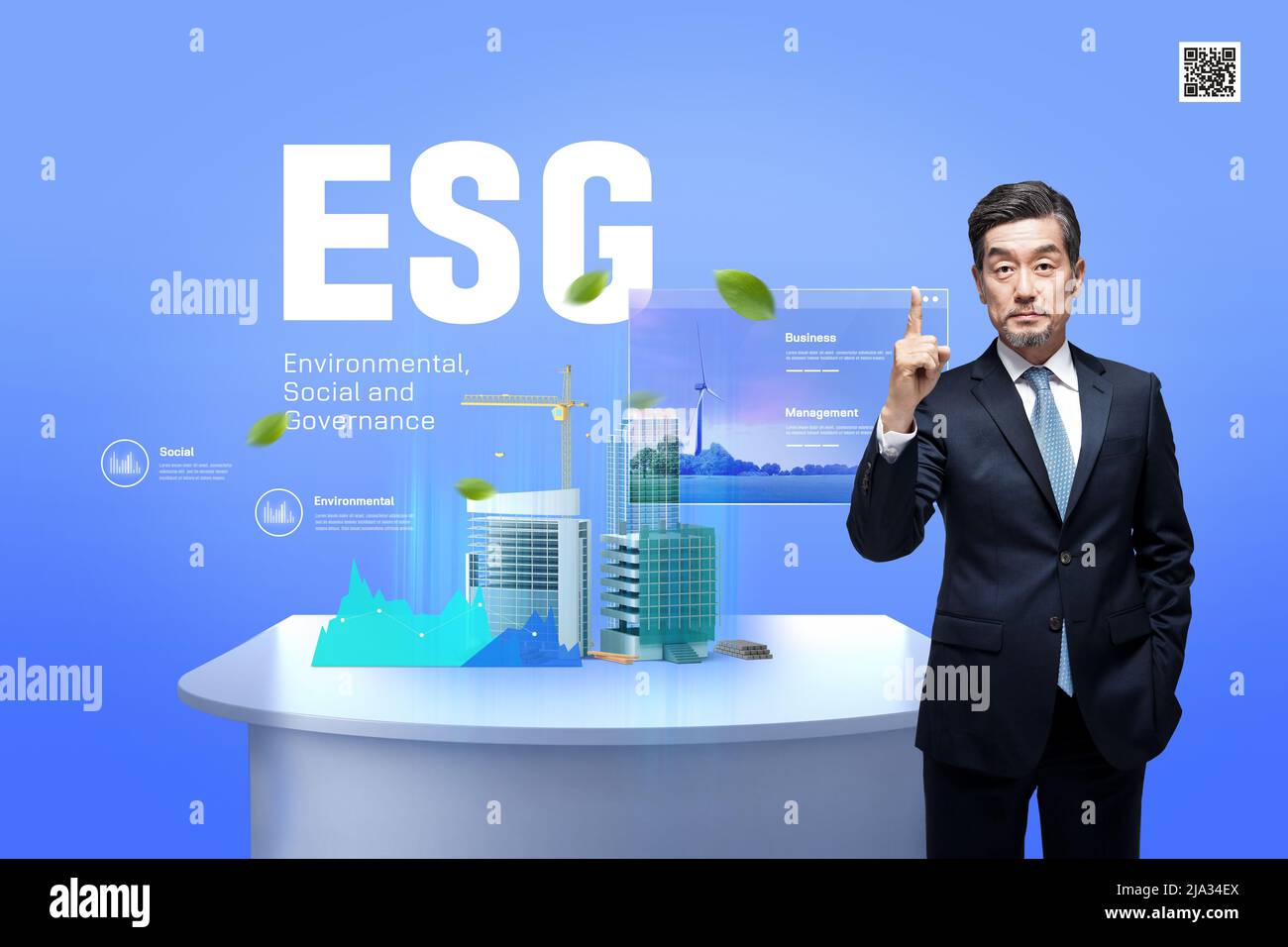 ESG promotion poster : Asian Korean male in eco friendly building ...