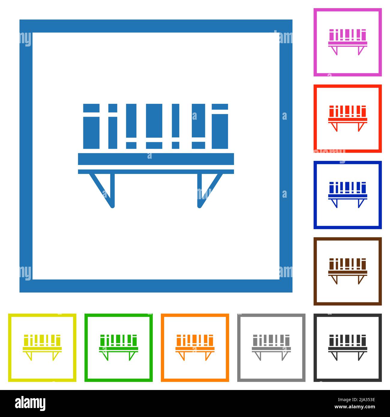 Bookshelf with books solid flat color icons in square frames on white ...