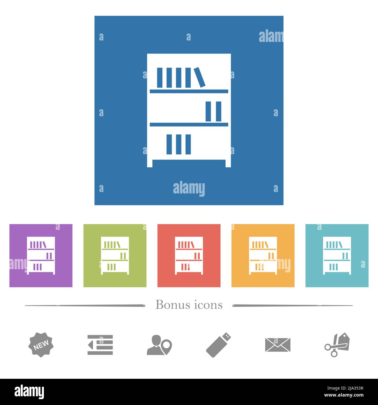 Bookshelf with books solid flat white icons in square backgrounds. 6 ...