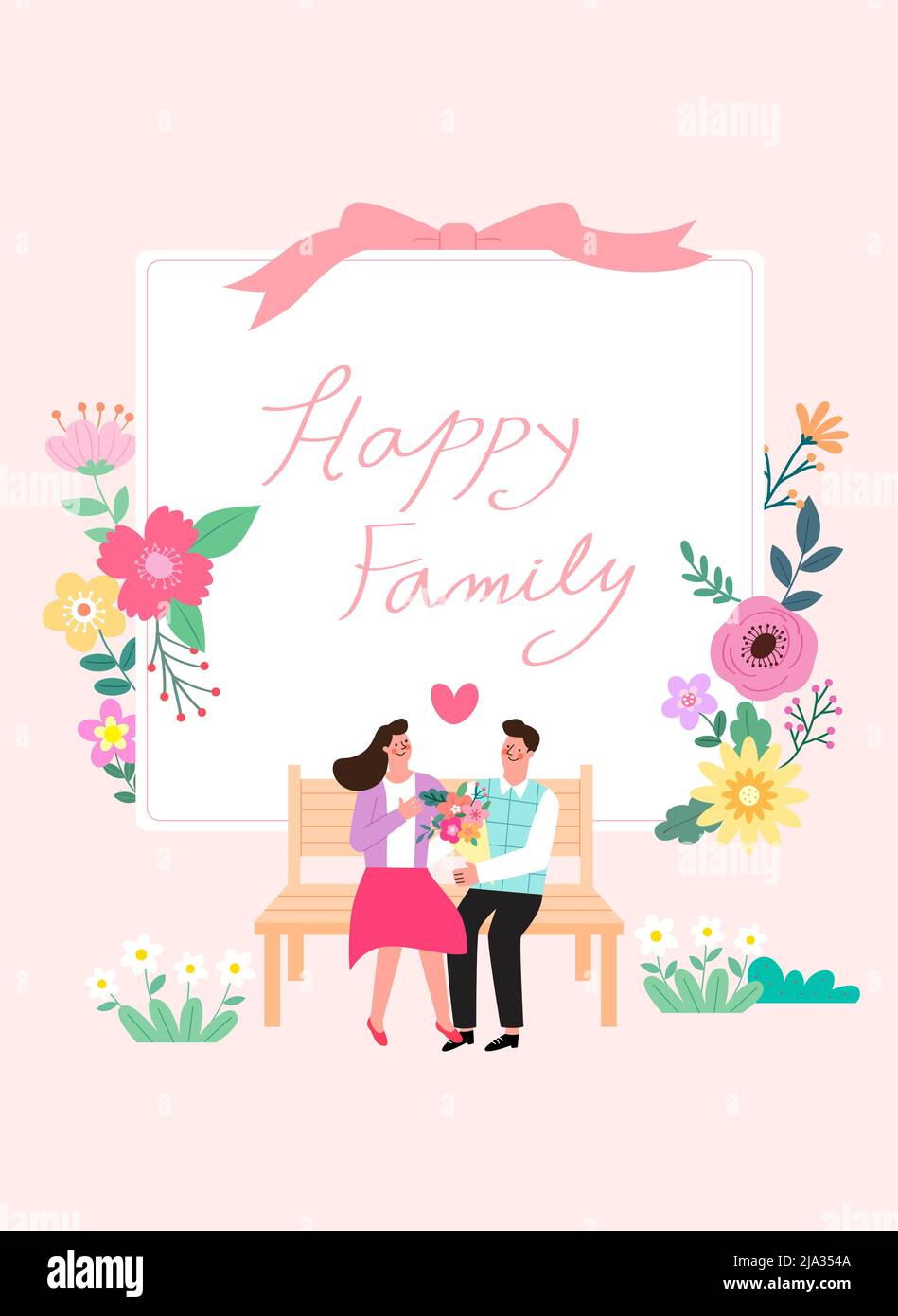 spring flower card frame illustration with happy family illustration ...