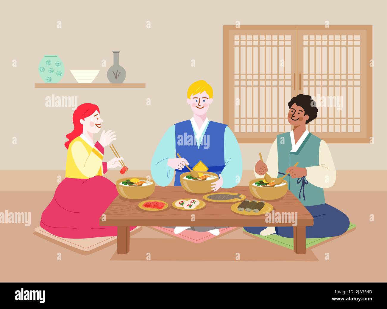 Korean culture experience trip, foreign tourist vector illustration ...