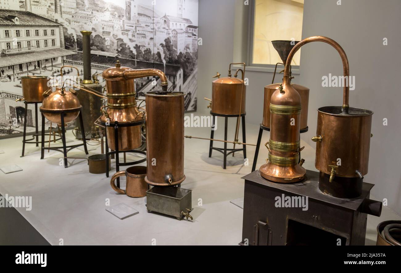 distiller for the production of perfume water, the copper metal vat, a ...