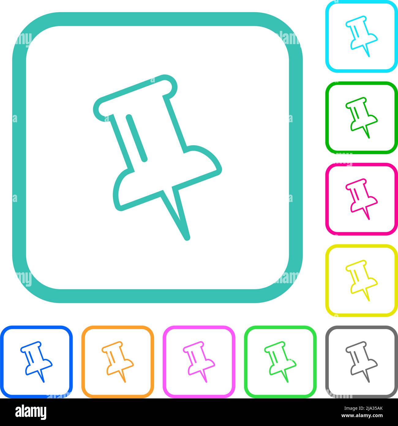 Push pin outline vivid colored flat icons in curved borders on white ...