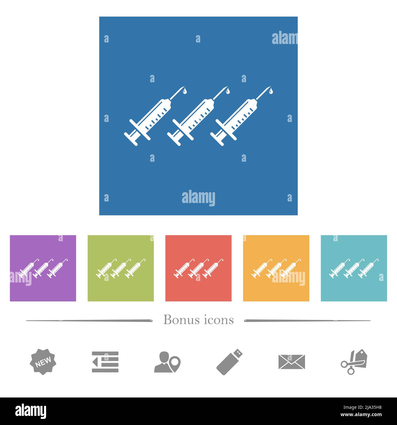 Third vaccine dose flat white icons in square backgrounds. 6 bonus ...