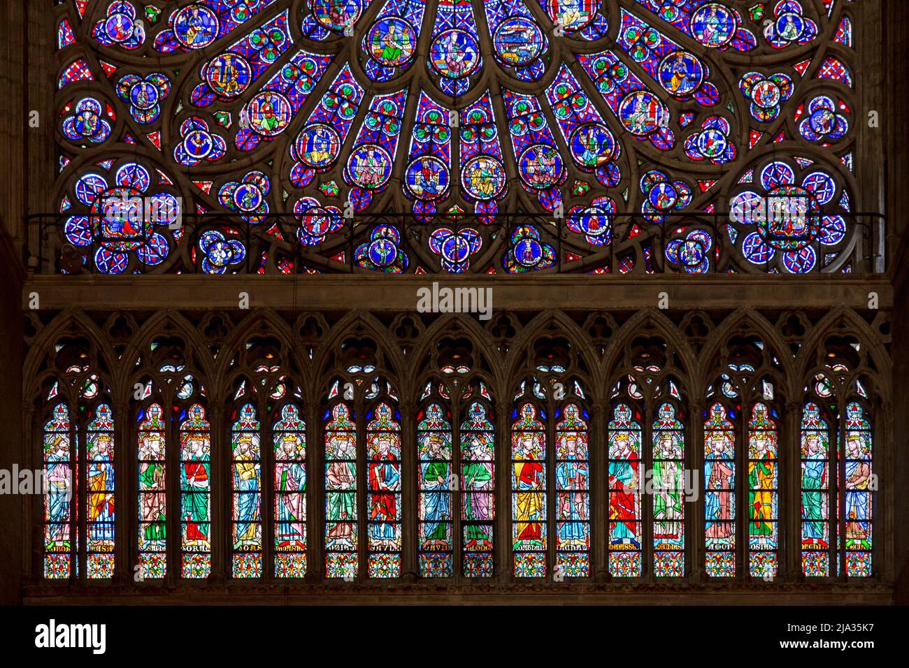 stained glass window in Notre dame cathedral, Paris, France Stock Photo ...