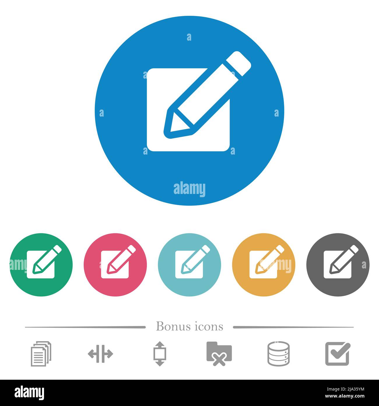 Editing box with pencil solid flat white icons on round color ...