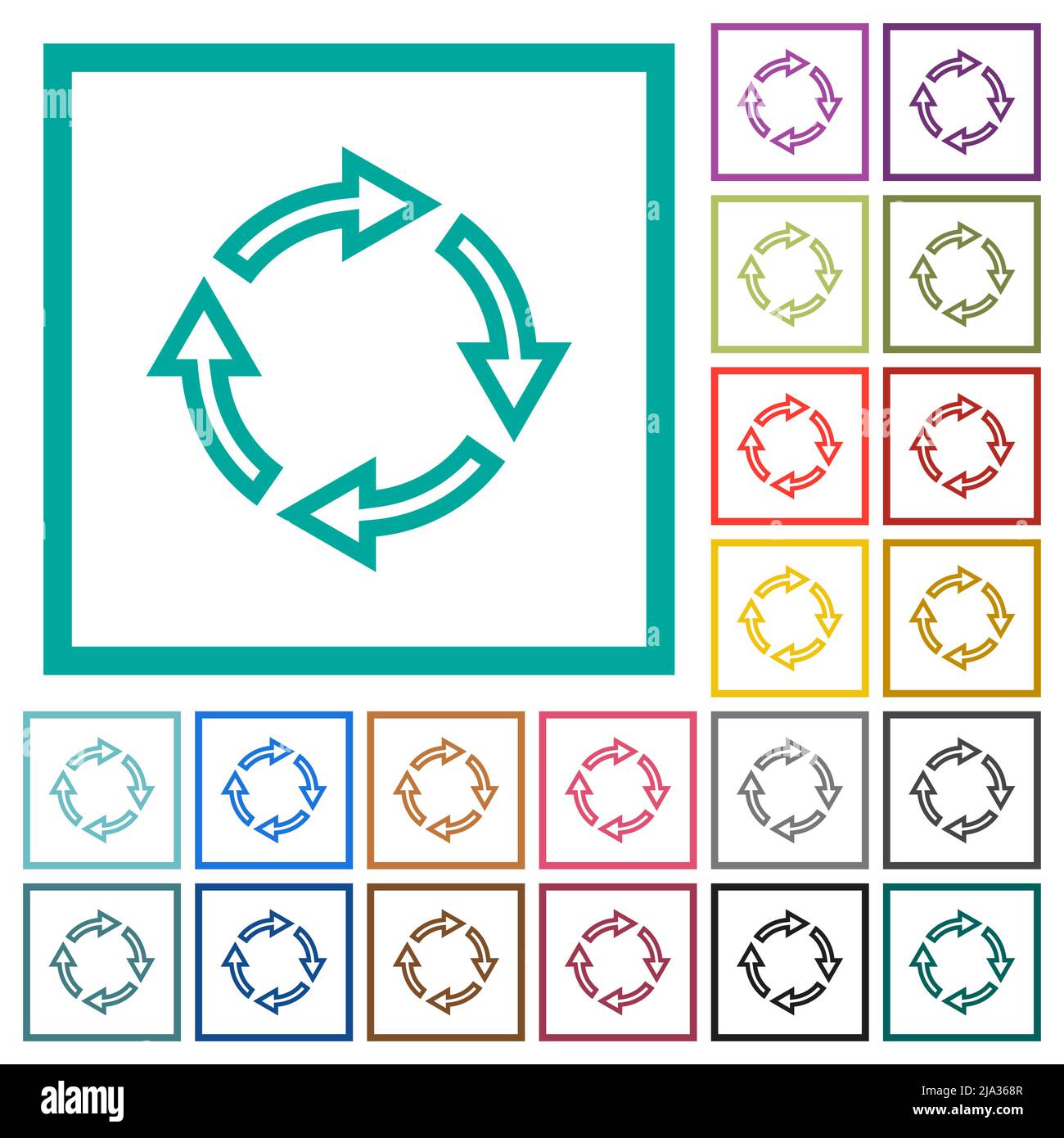 Rotate right outline flat color icons with quadrant frames on white ...