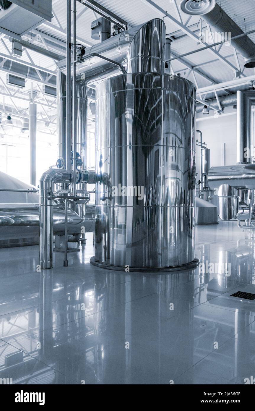 Modern interior of a brewery mash vats metal containers Stock Photo - Alamy