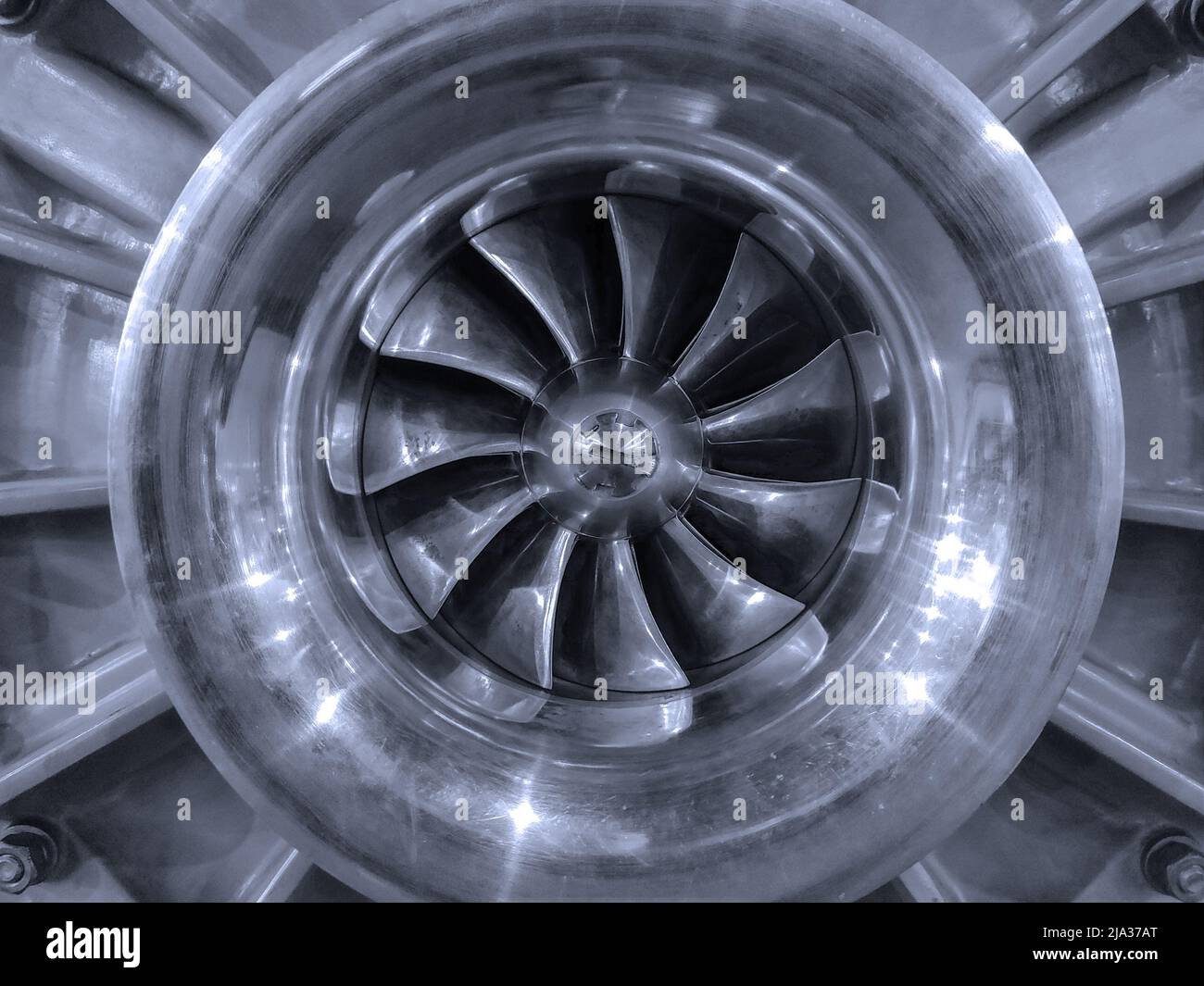 airplane jet engine turbine blades toned in blue Stock Photo - Alamy