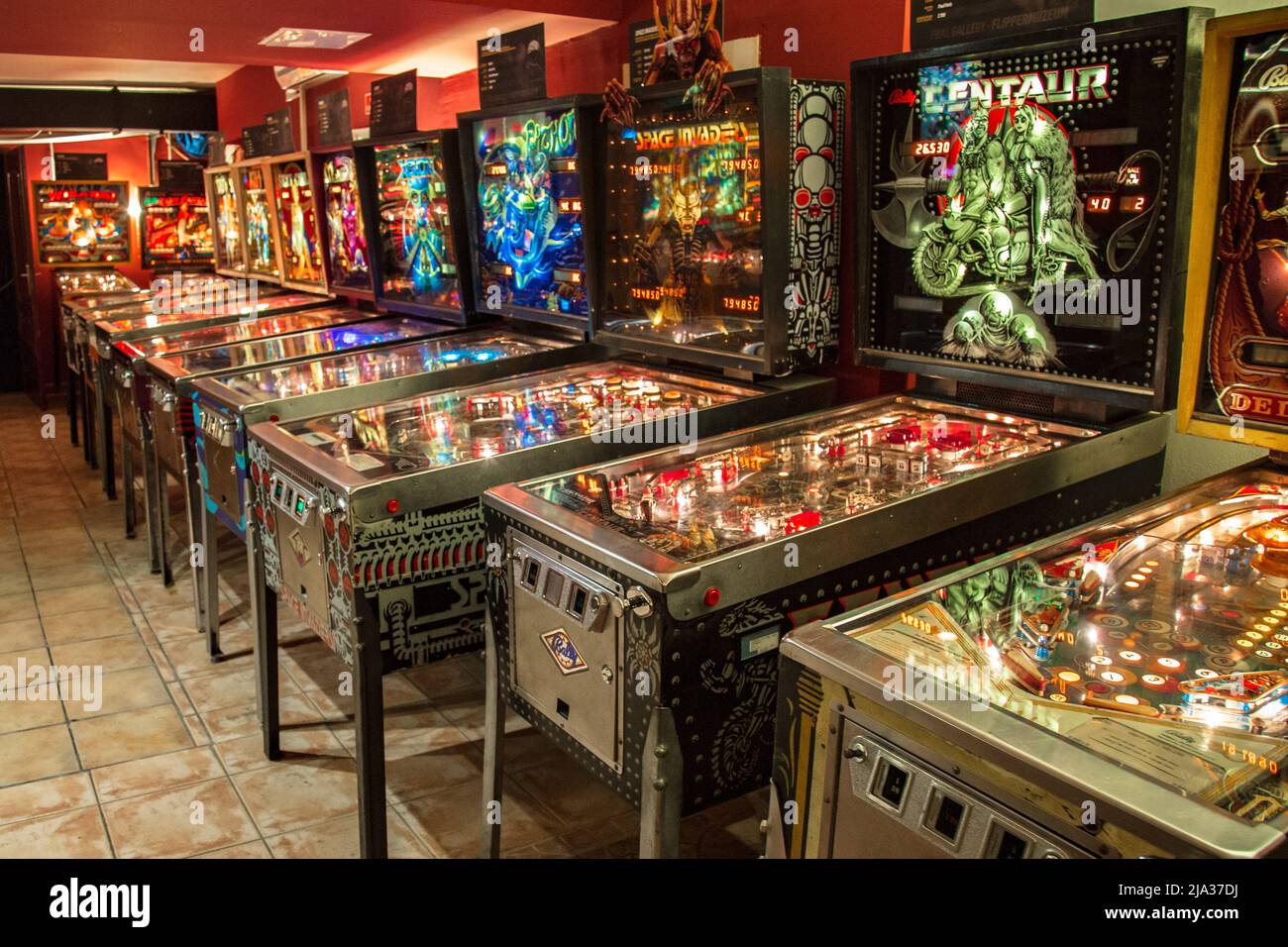 Budapest, Hungary - March 25, 2018: Pinball museum. Pinball table close ...