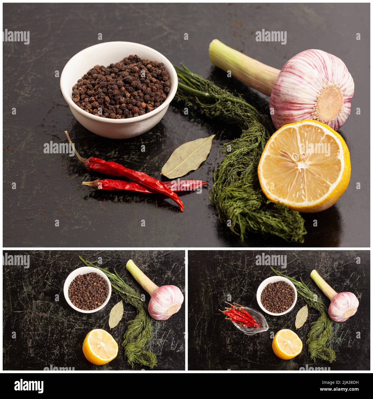 Collage with Different spices for cooking on a black background Stock ...