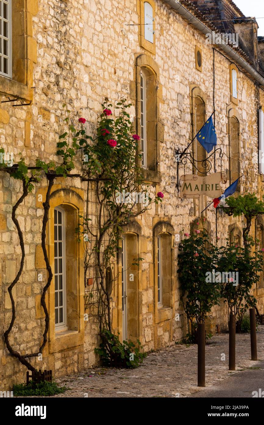 Monpazier, France - 11 May, 2022: the historic town hall in the old ...