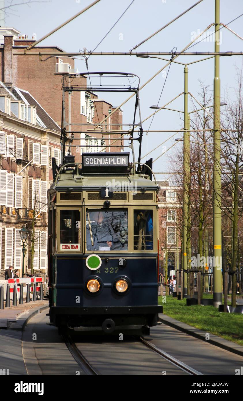 blue historical streetcar driving at the lange vijverberg in The Hague ...