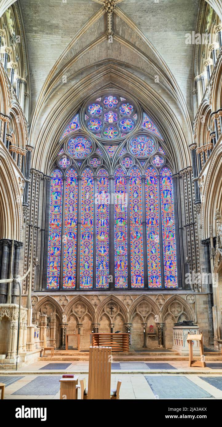 East end stained glass window in the christian medieval cathedral at ...