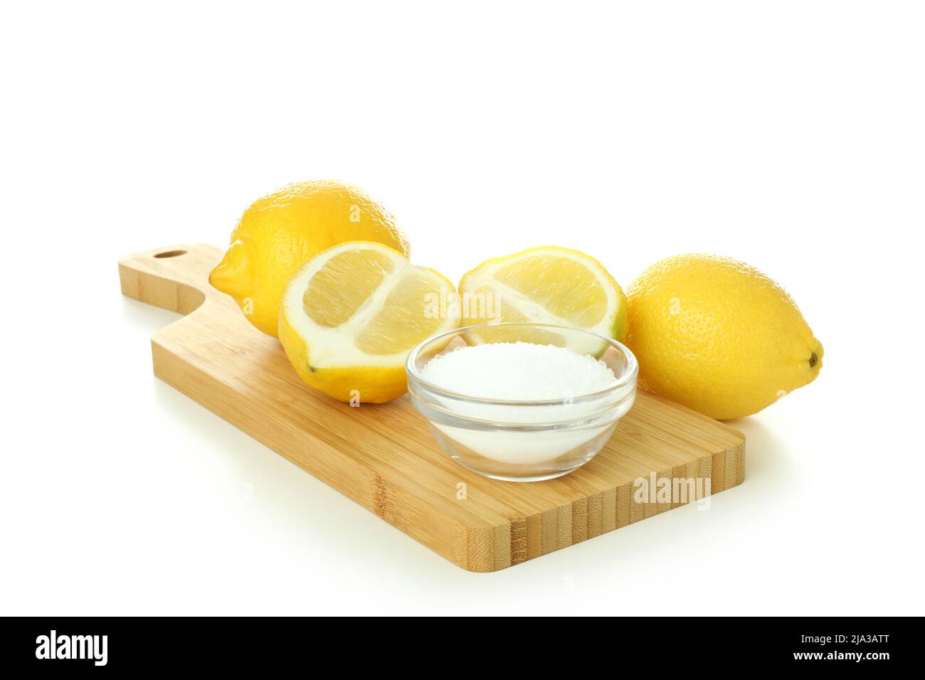 Concept of household cleaners with lemon acid, isolated on white ...
