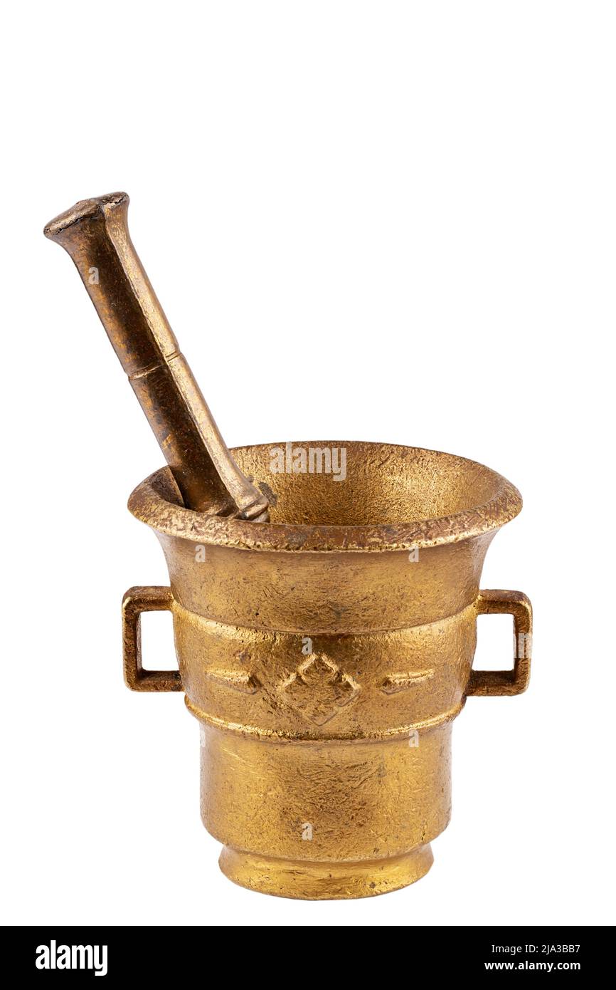 Antique brass mortar for grinding spices and herbs, isolated on white ...