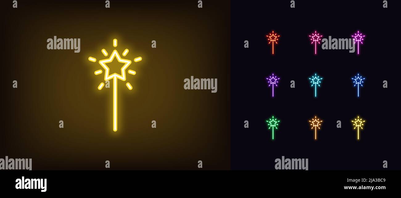 Outline neon magic wand icon. Glowing neon magical stick with star and ...