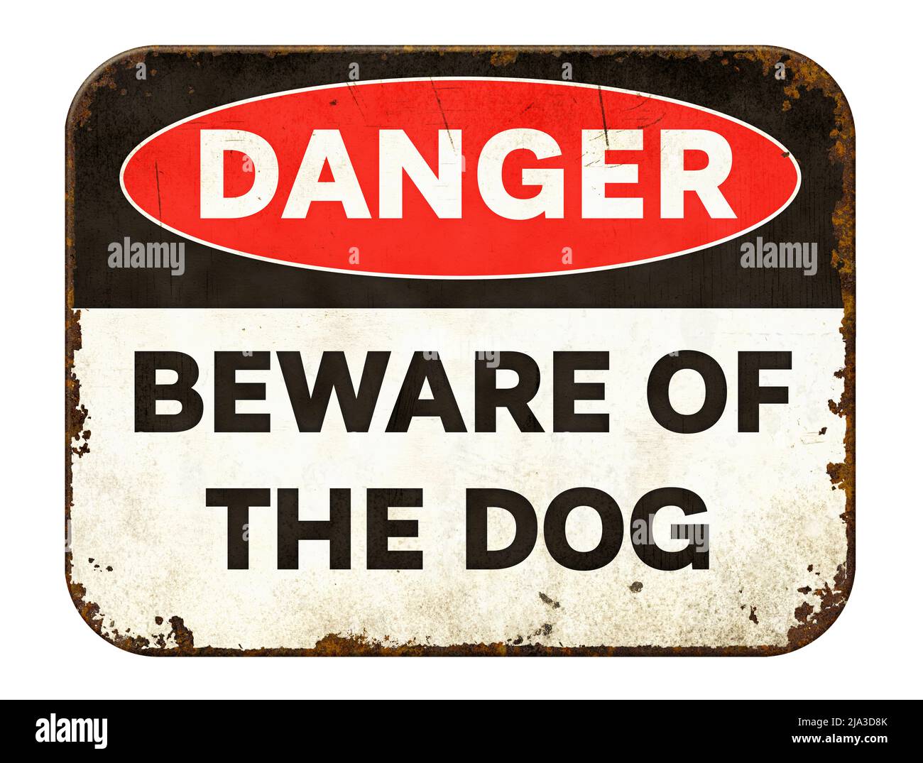 Vintage tin danger sign on a white background - Beware of the dog Stock ...