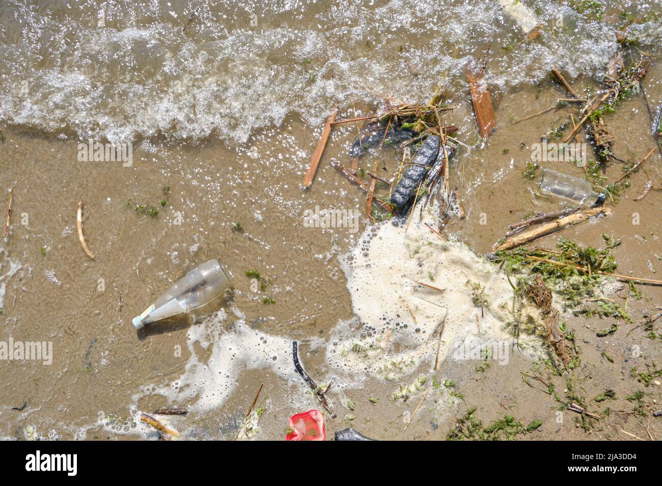 Garbage thrown out by waves beach, pollution of environment of human ...