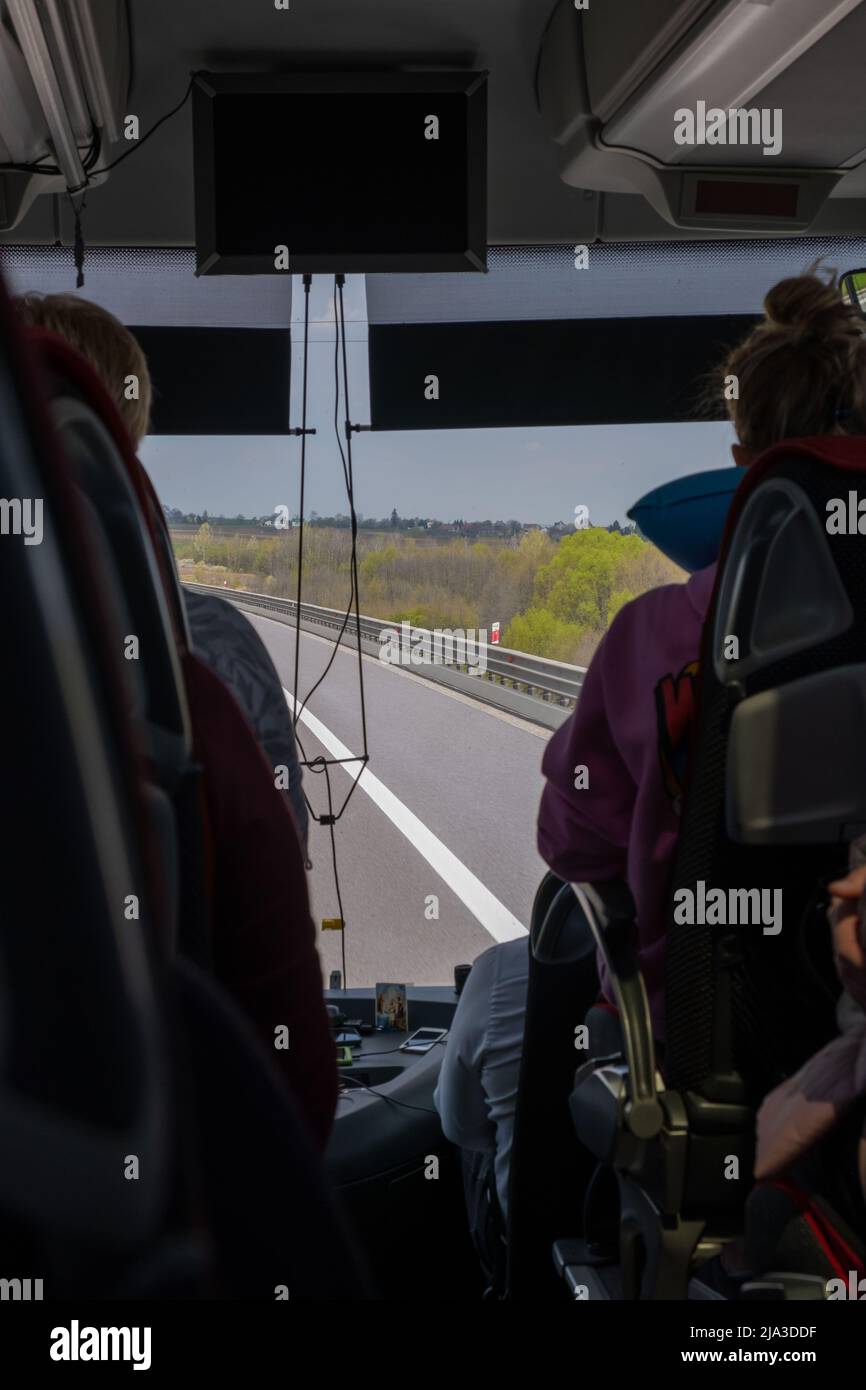 inside coach bus road trip highway Stock Photo - Alamy