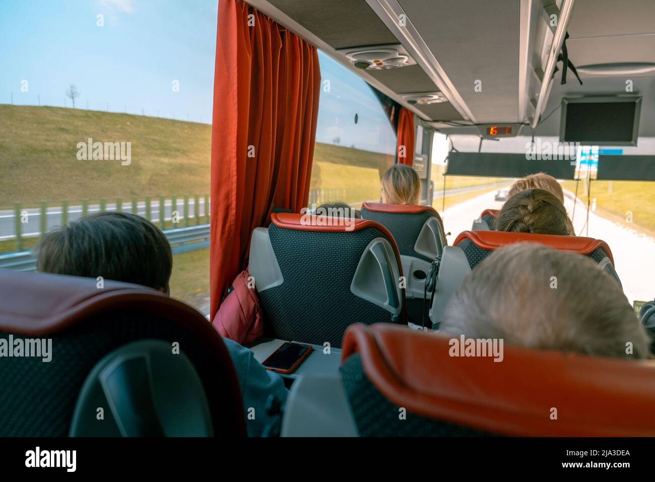 inside coach bus road trip highway Stock Photo - Alamy