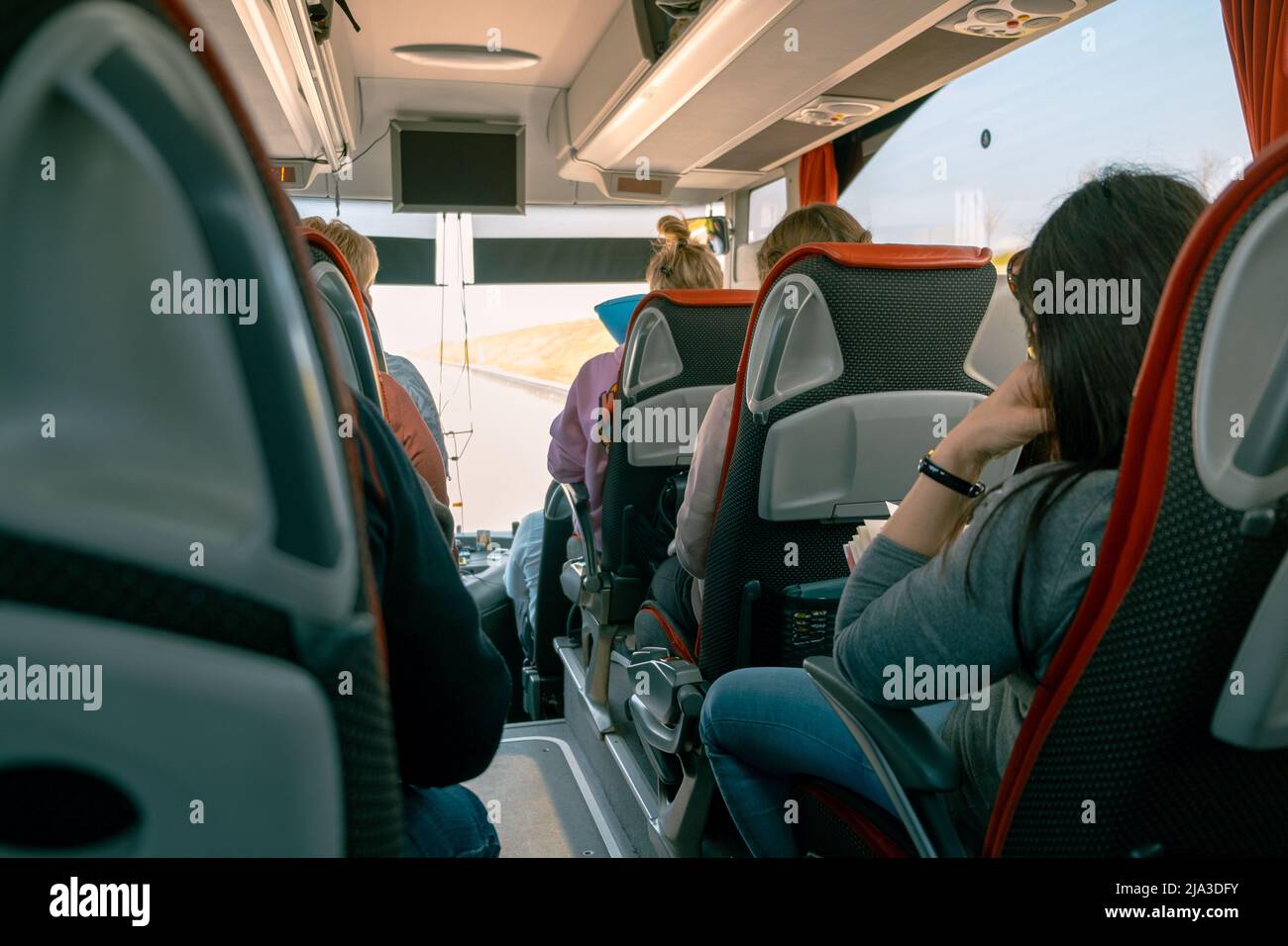 inside coach bus road trip highway Stock Photo - Alamy