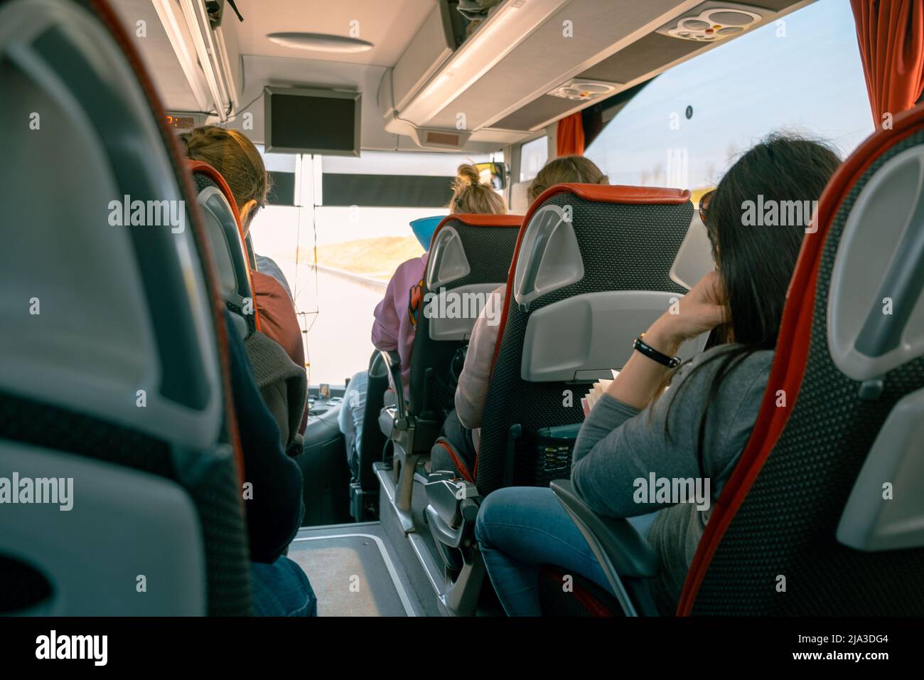 inside coach bus road trip highway Stock Photo - Alamy