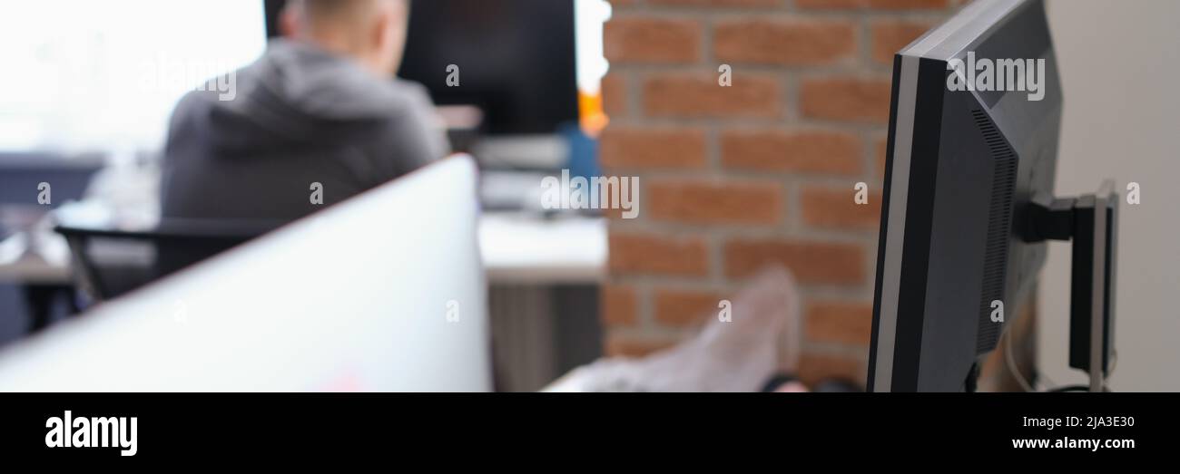 Modern workplace of office workers with computer Stock Photo - Alamy
