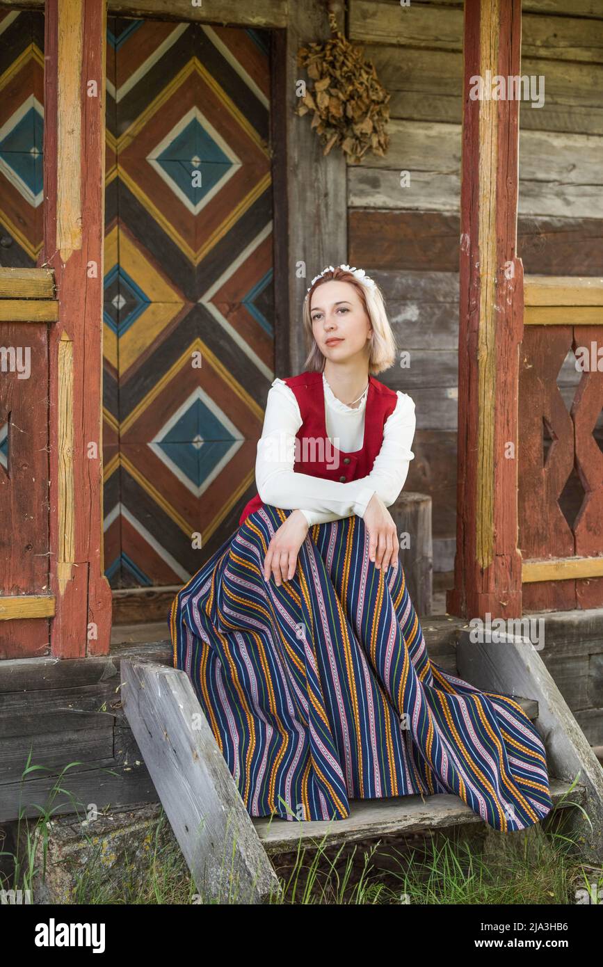 Latvian woman in traditional clothing. Ligo folk Stock Photo - Alamy