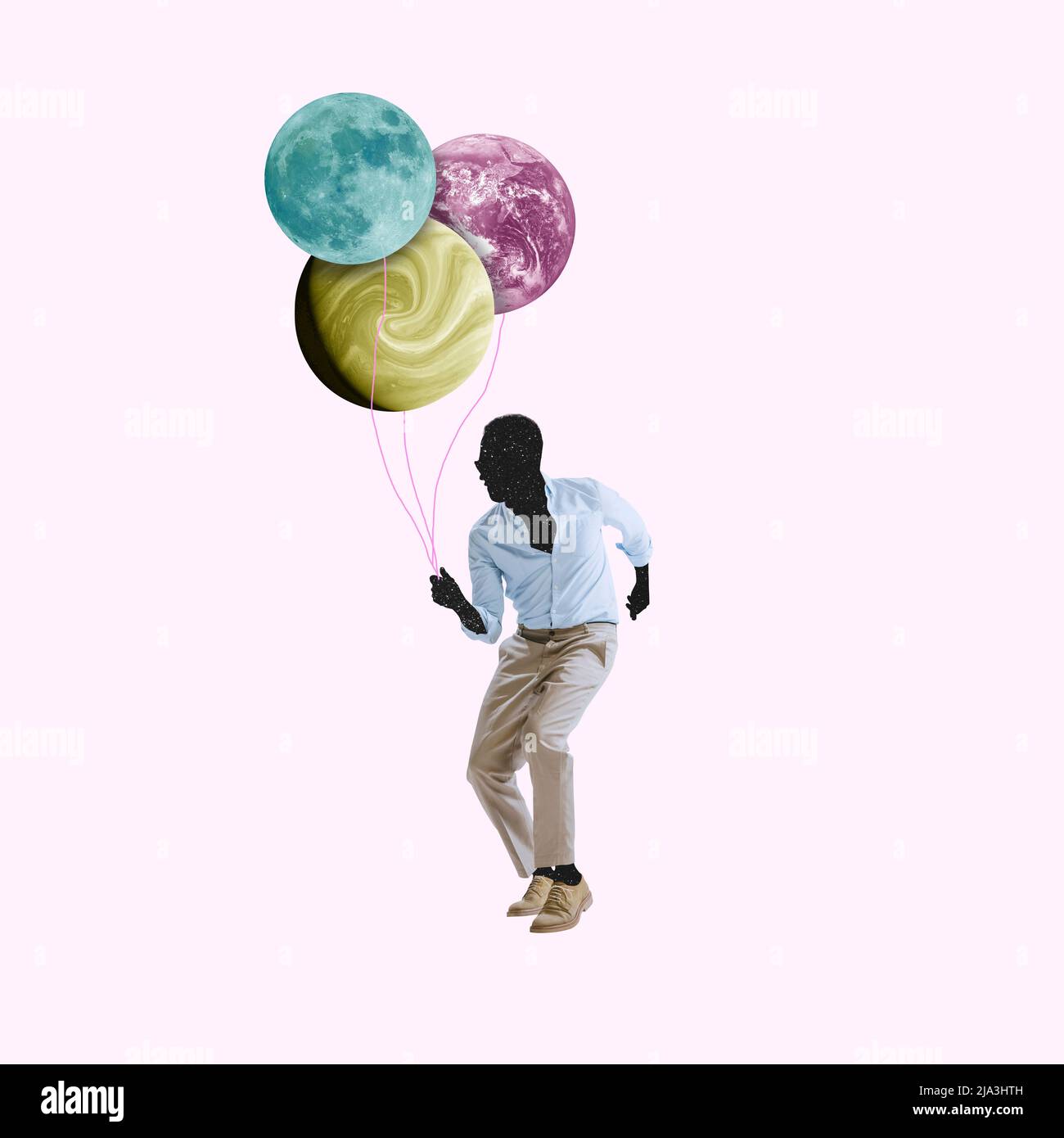 Contemporary art collage. Faceless stylish man holding air balloons and ...