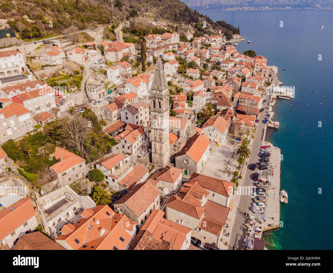 Scenic panorama view of the historic town of Perast at famous Bay of ...