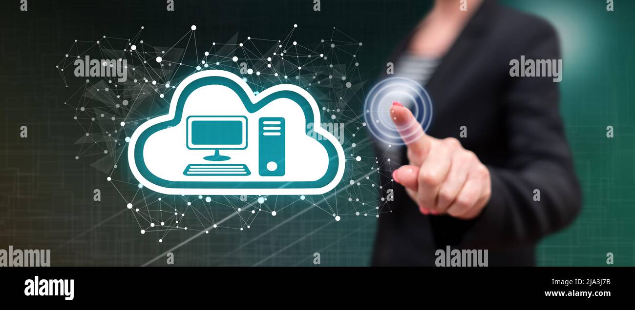 Woman touching a cloud computing concept on a touch screen with her ...