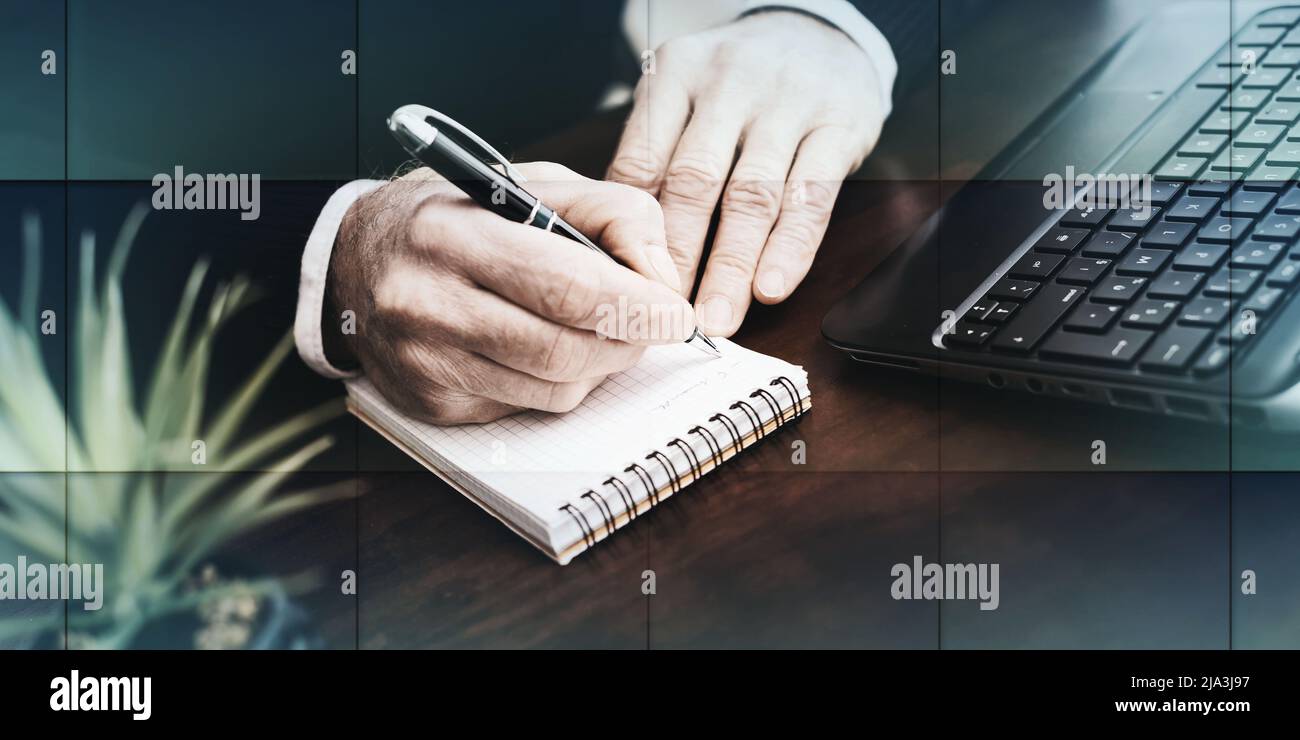Male hands taking notes on notebook, geometric pattern Stock Photo - Alamy