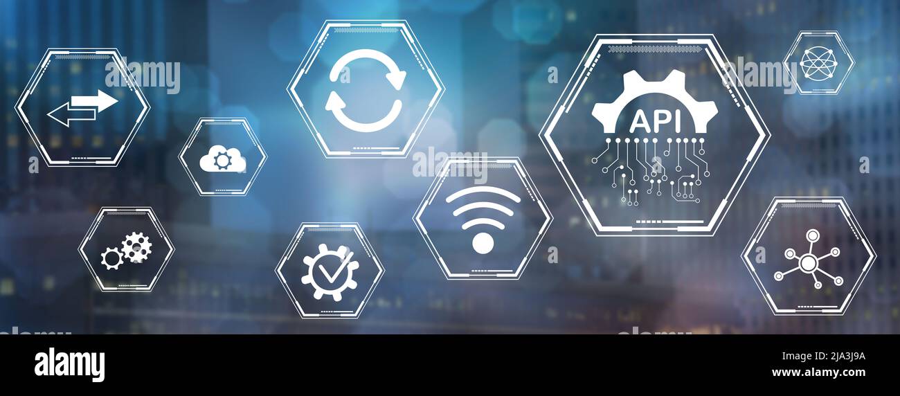 Concept of api with icons on blurred dark background Stock Photo - Alamy