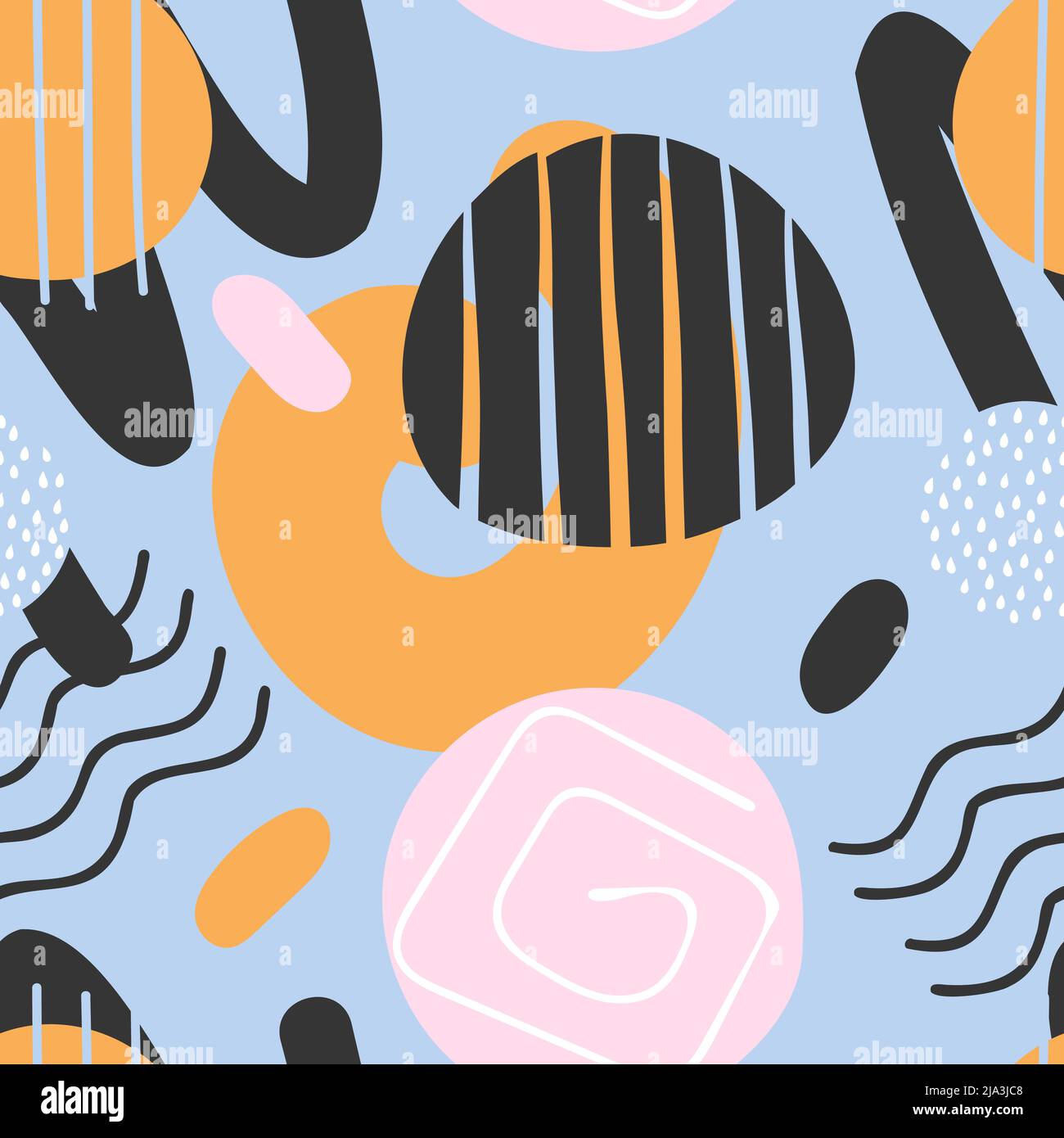 Aesthetic abstract seamless pattern with doodle circles scribbles waves ...