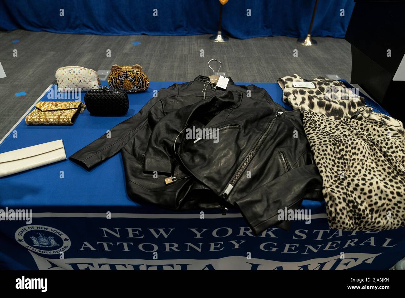 New York, NY - May 26, 2022: Stolen merchandise on display during ... New York, NY - May 26, 2022: Stolen merchandise on display during ...